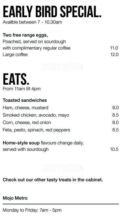Menu at Metro Cafe, Wellington