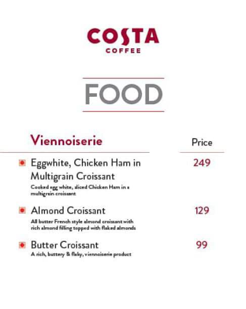 Menu at Costa Coffee, New Delhi, Shantipath