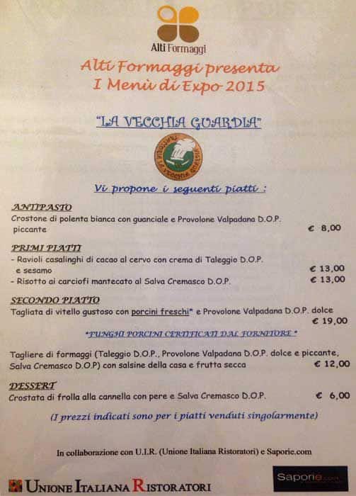 Menu at Trattoria la vecchia guardia restaurant, Milan