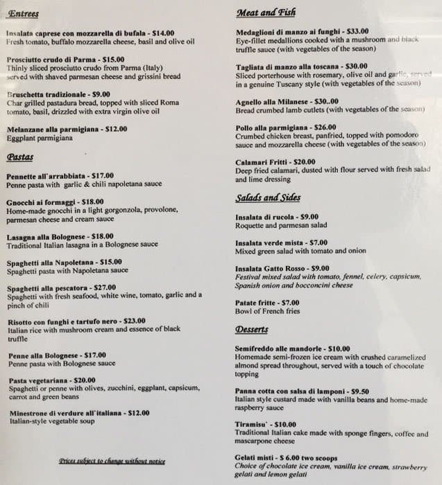 Gatto Rosso Menu, Menu podniku Gatto Rosso, Brighton, Melbourne ...