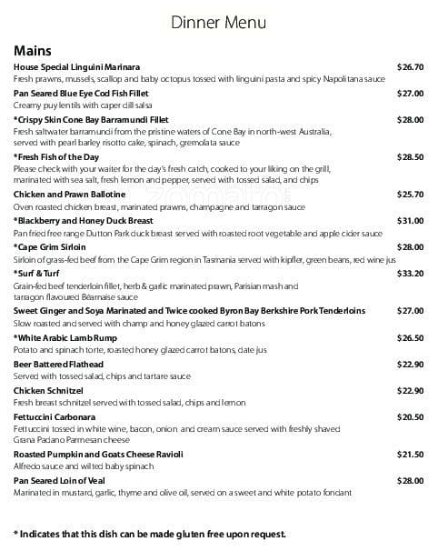 Menu at Southern Cross Yacht Club, Yarralumla