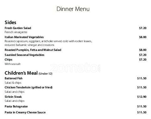 Menu at Southern Cross Yacht Club, Yarralumla