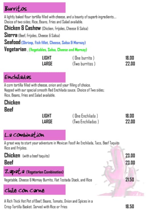 Menu at Mexican Graffiti fast food, Geelong