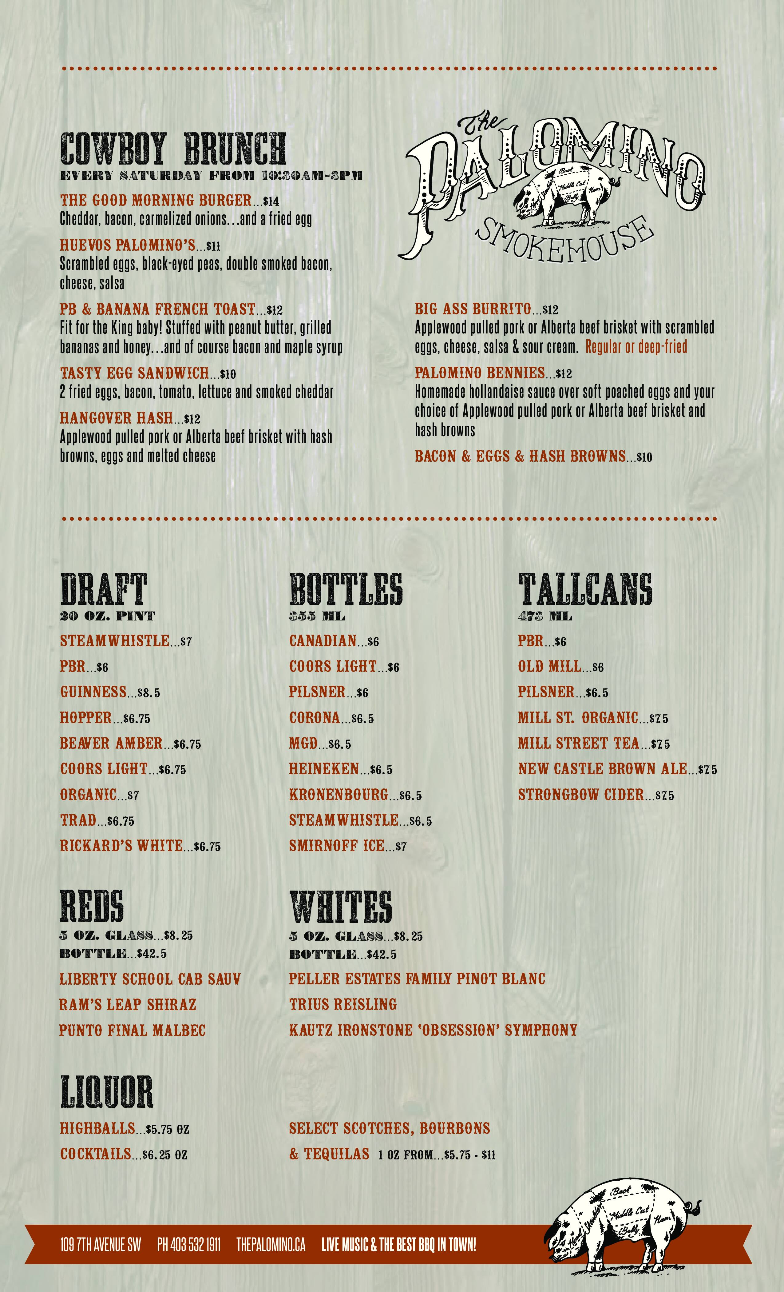Menu at Palomino Smokehouse pub & bar, Calgary