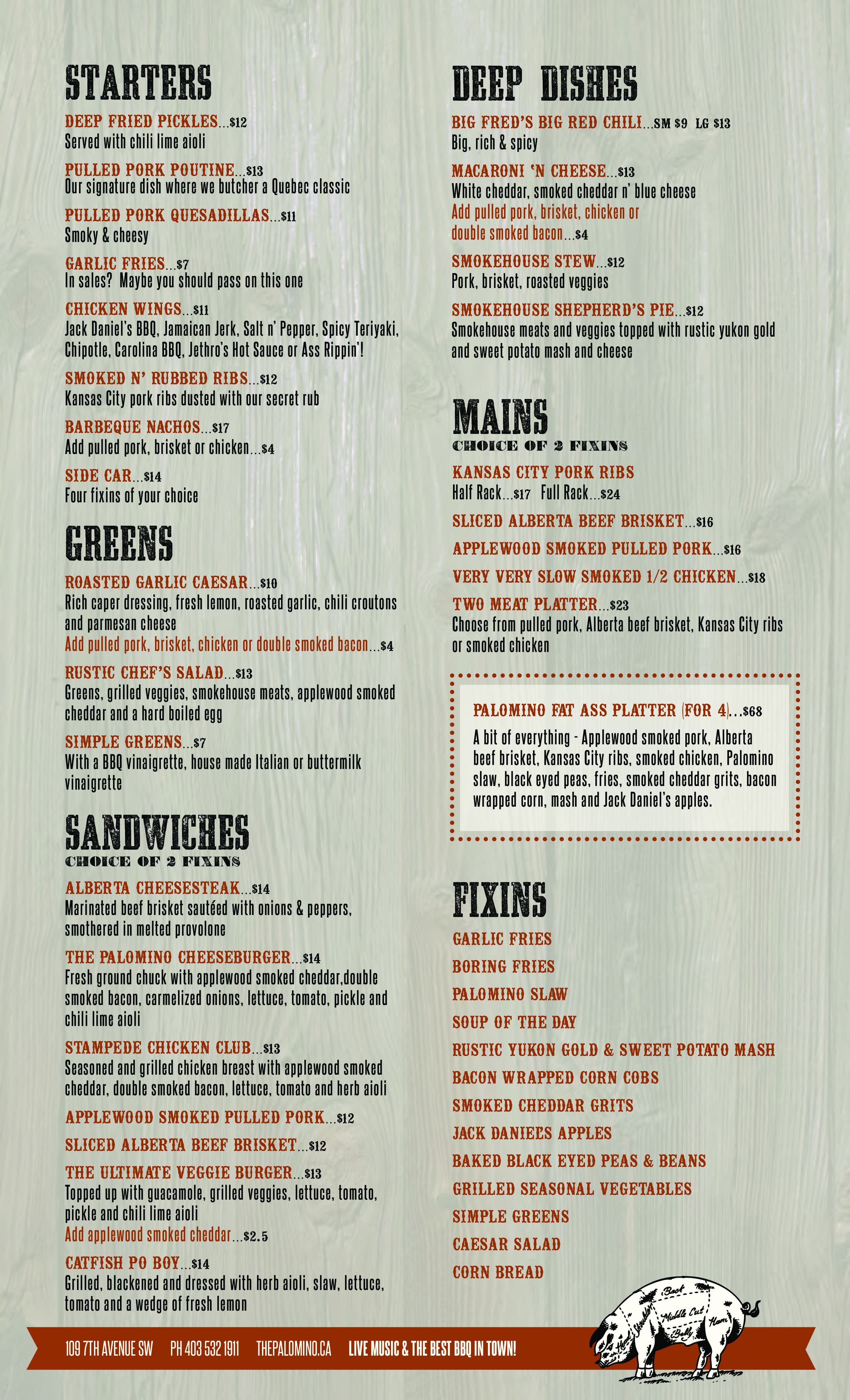 Menu at Palomino Smokehouse pub & bar, Calgary