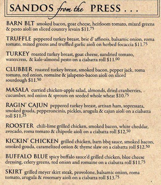 Menu at Blue Barn Polk, San Francisco
