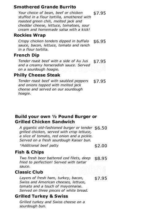 Menu at Foothills Golf Course restaurant, Denver, S Carr St