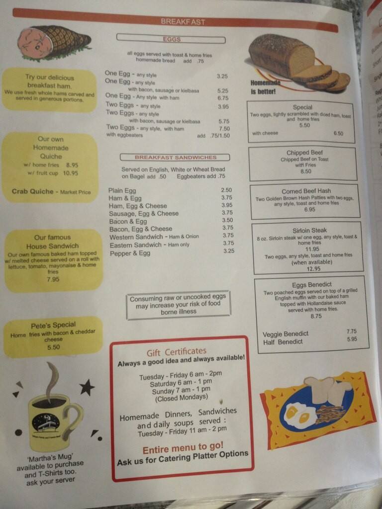 Menu at Martha's Diner restaurant, Ellsworth