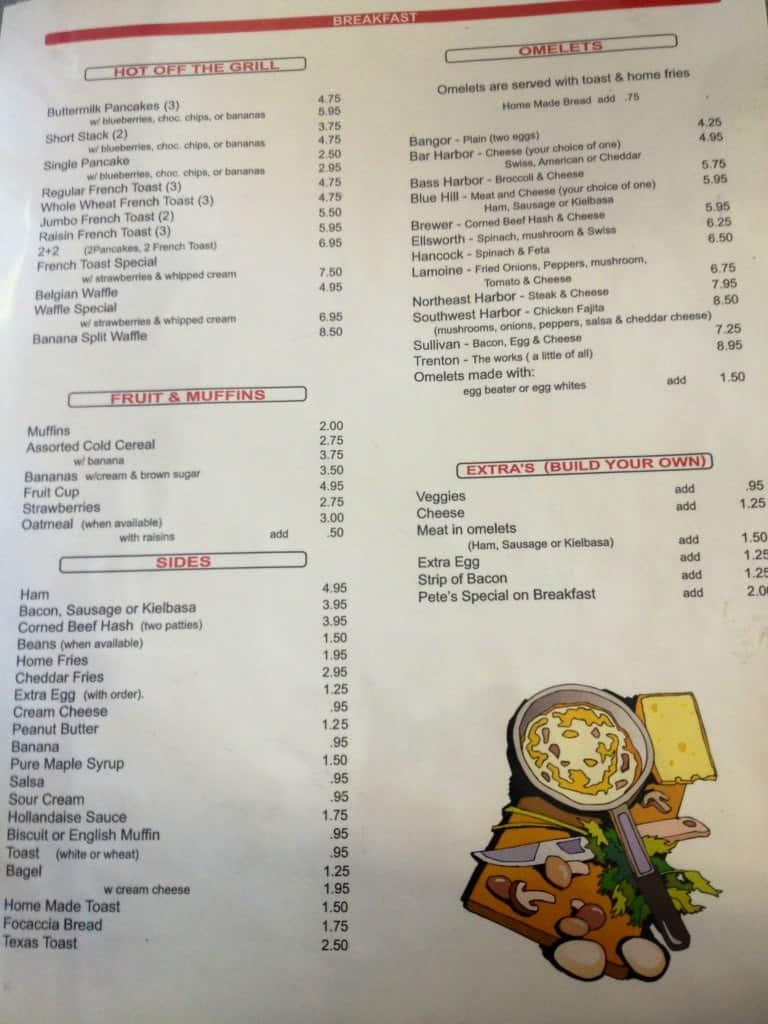Menu at Martha's Diner restaurant, Ellsworth