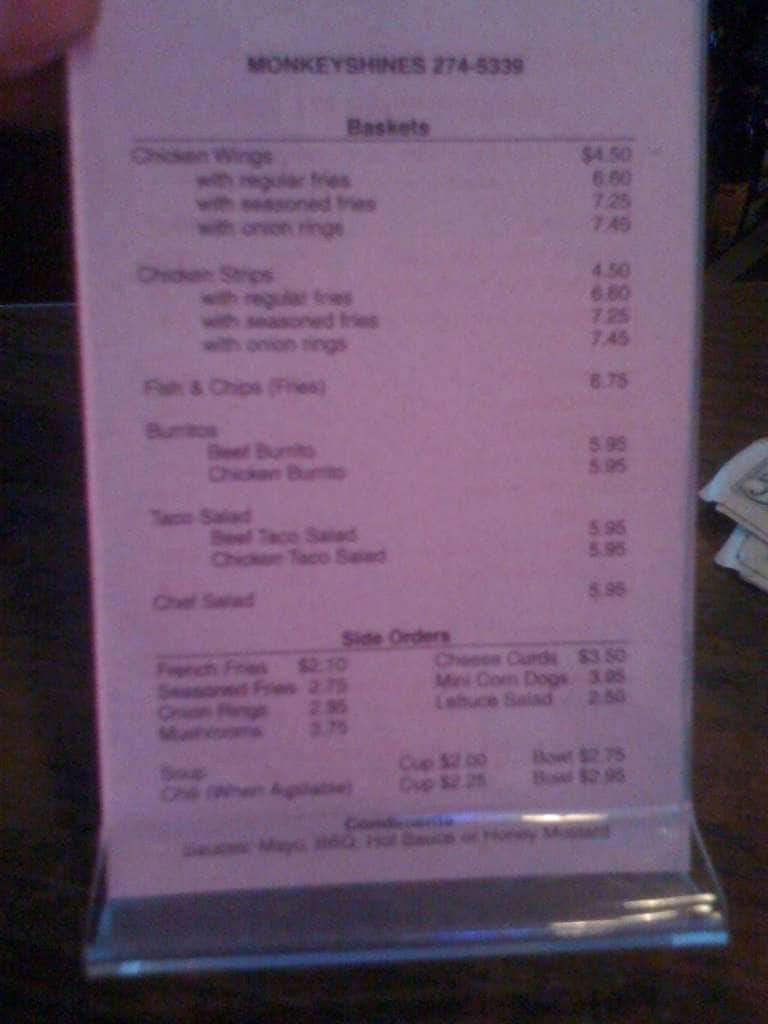 Menu at Monkeyshines Bar & Grill, Fitchburg