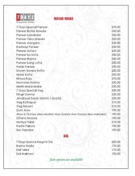 7 Dayz Restaurant Menu, Menu for 7 Dayz Restaurant, Shobhagpura ...