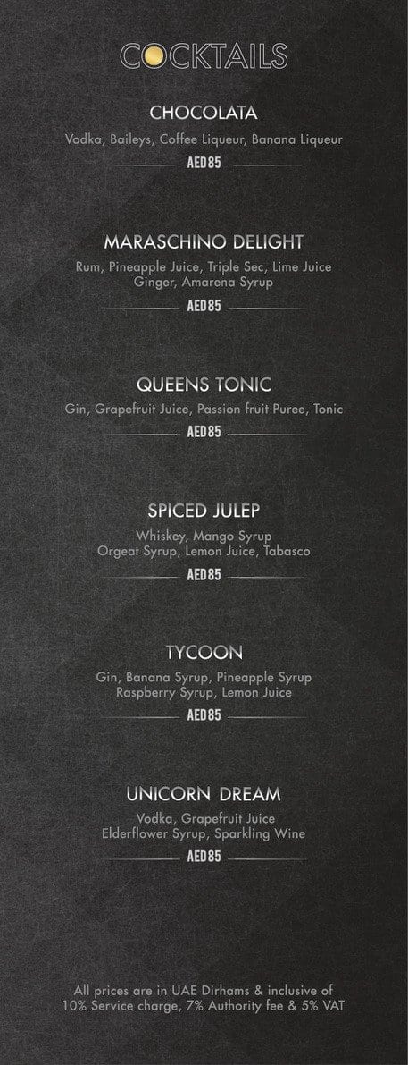 Menu at Mantis Dubai club, Dubai