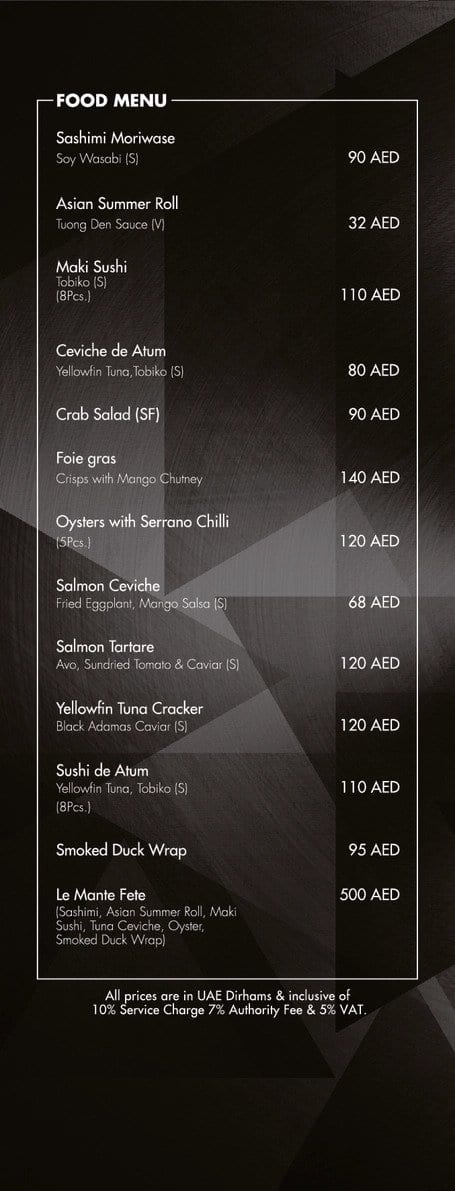 Menu at Mantis Dubai club, Dubai