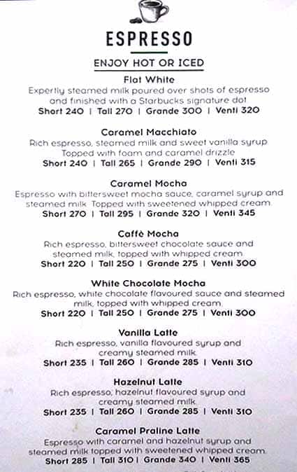 Menu of Starbucks Coffee, Vijay Nagar, Indore