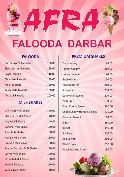 Menu of AFRA Falooda Darbar, Marol, Mumbai