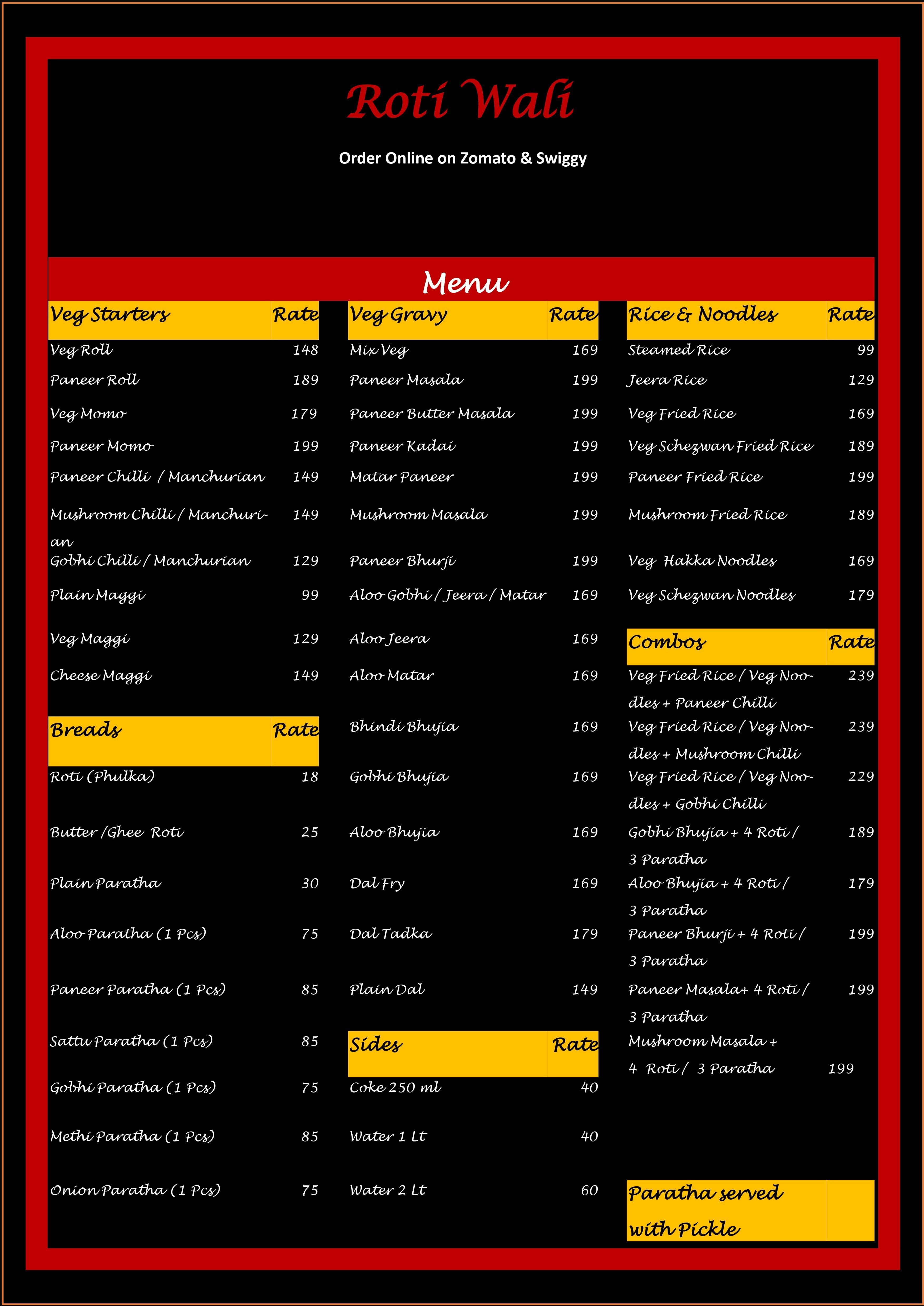 Menu of Roti Wali, BTM, Bangalore