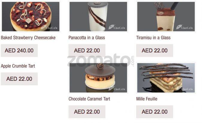 Menu at Choco'a restaurant, Dubai