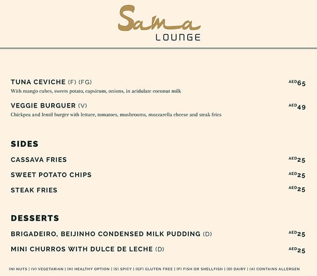 Menu at Sama Lounge pub & bar, Dubai, Jumeirah Beach Residence
