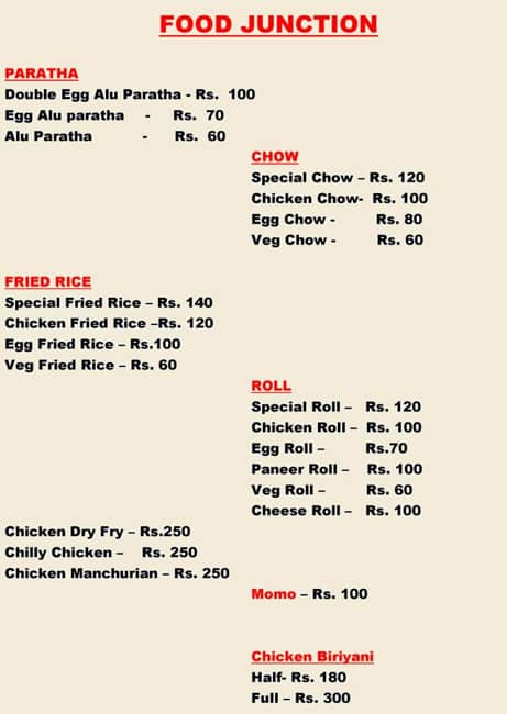 Menu of Food Junction, Amingaon, Guwahati