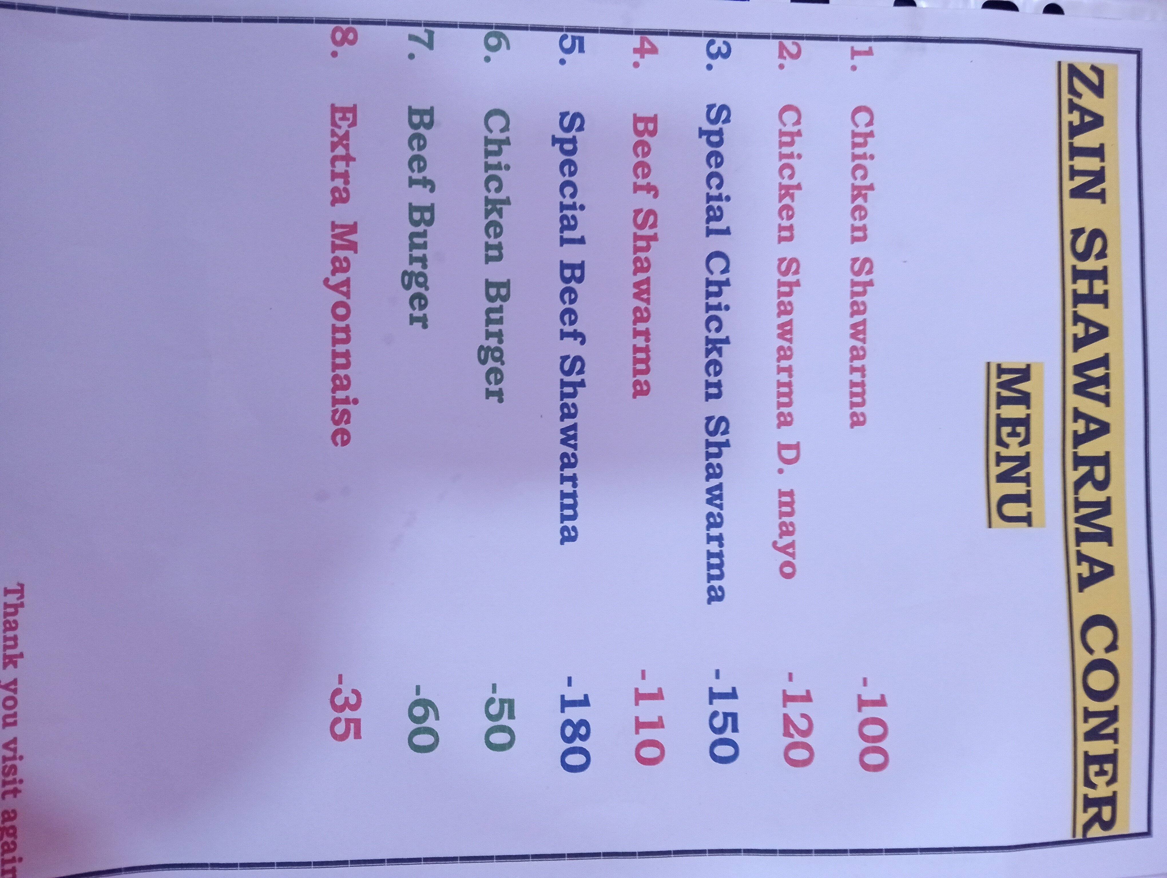 Menu of Zain Shawarma Corner, Falaknuma, Hyderabad