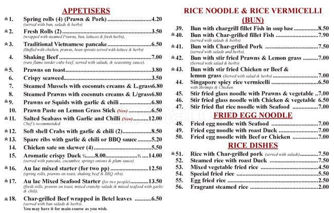 Menu at Au Lac restaurant, London