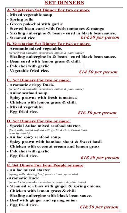 Menu at Au Lac restaurant, London