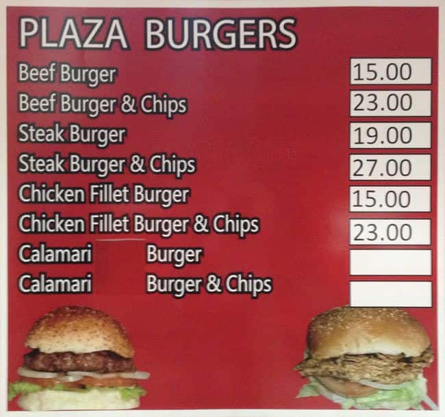 Menu at Plaza Fast Food, Cape Town