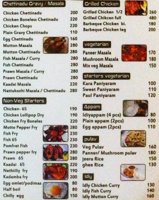 Menu at Chetti Nadu, Chennai