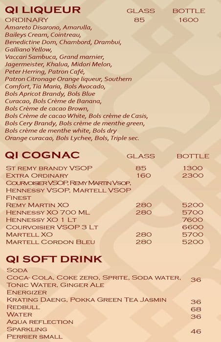 Menu at Qi Lounge pub & bar, Jakarta
