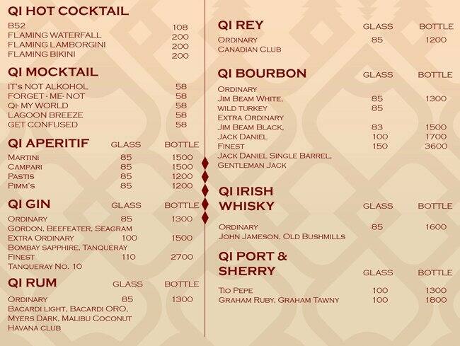 Menu at Qi Lounge pub & bar, Jakarta