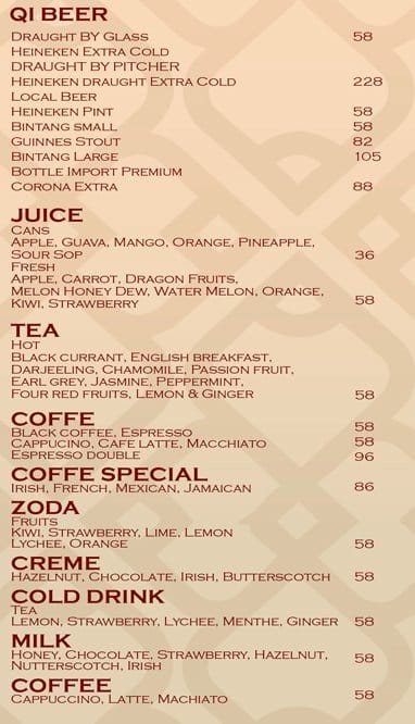 Menu at Qi Lounge pub & bar, Jakarta