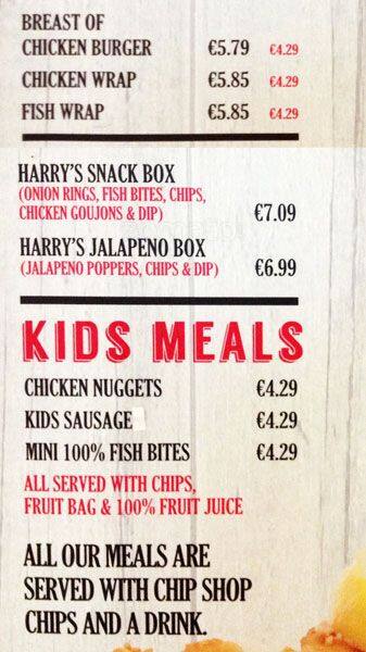 Menu at Harry Ramsden’s Liffey Valley fast food, Dublin