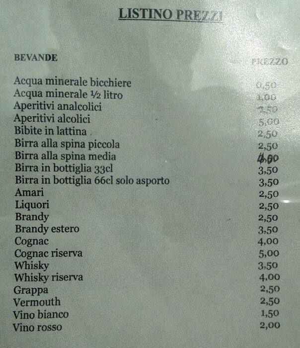 Menu at Bar Asia, Milan