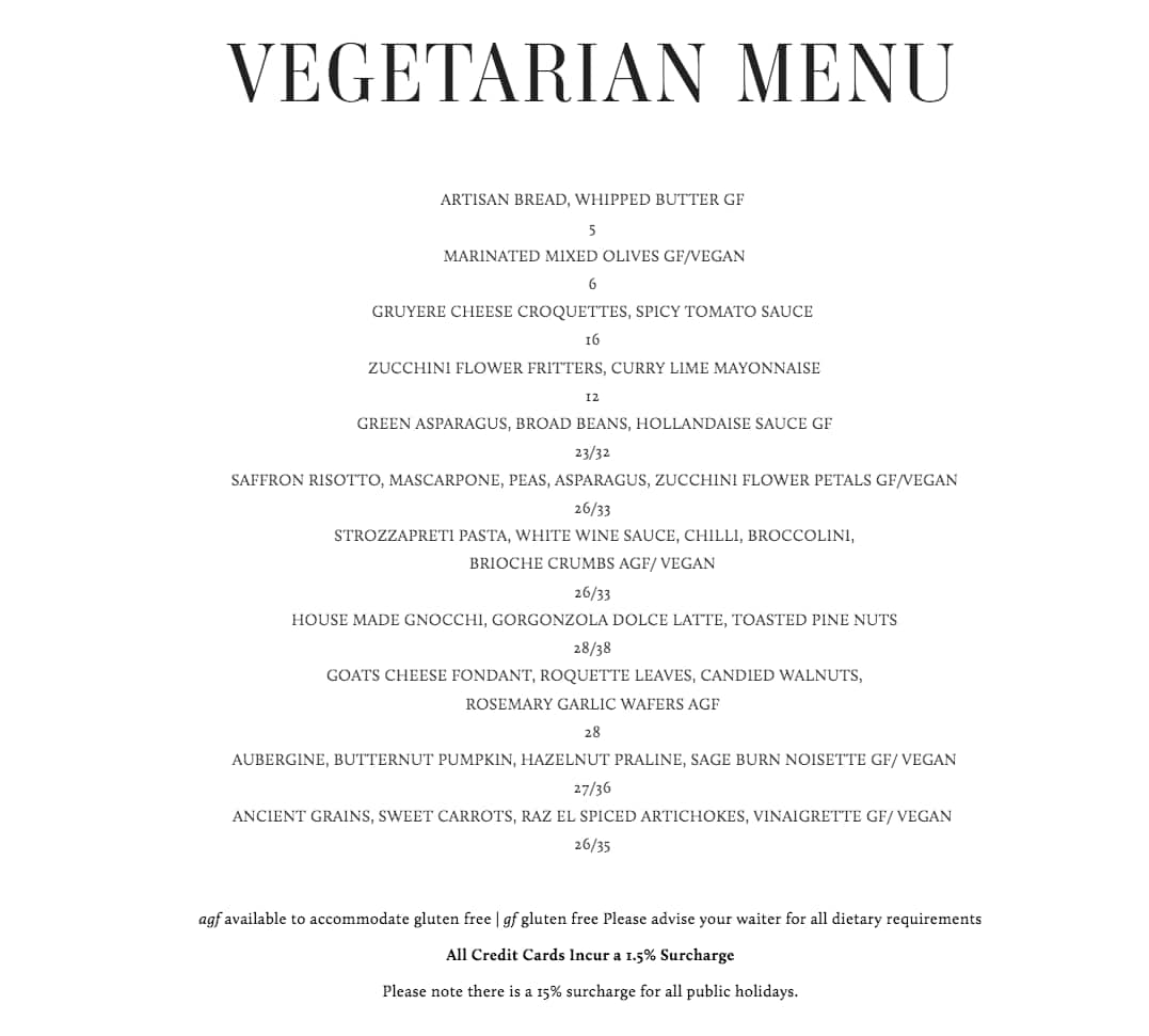 Menu at Alchemy Restaurant, Brisbane City