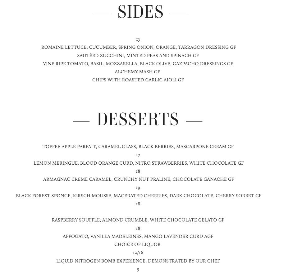 Menu at Alchemy Restaurant, Brisbane City