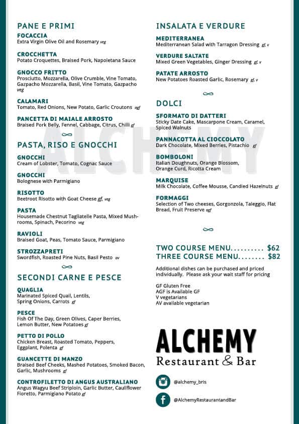 Menu at Alchemy Restaurant and Bar Brisbane, Brisbane City