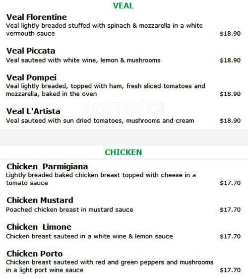 Menu at L'Artista Italian Restaurant, Burnaby