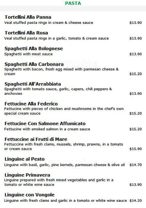 Menu at L'Artista Italian Restaurant, Burnaby