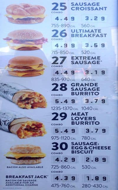 Menu at Jack in the Box fast food, Lynnwood, 196th St SW