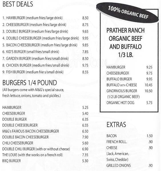 Menu at M & G Burgers & Beverages restaurant, Fairfax