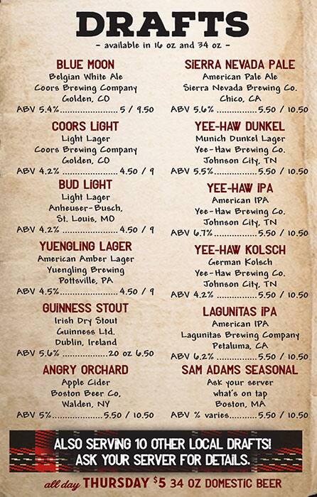 Menu at Timberwood Grill pub & bar, Pigeon Forge