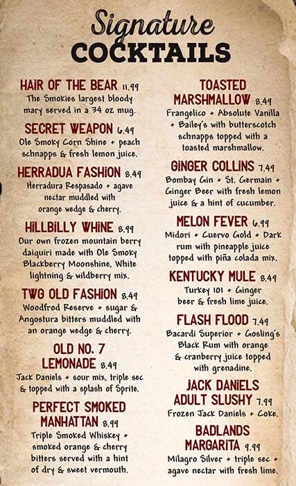 Menu at Timberwood Grill pub & bar, Pigeon Forge