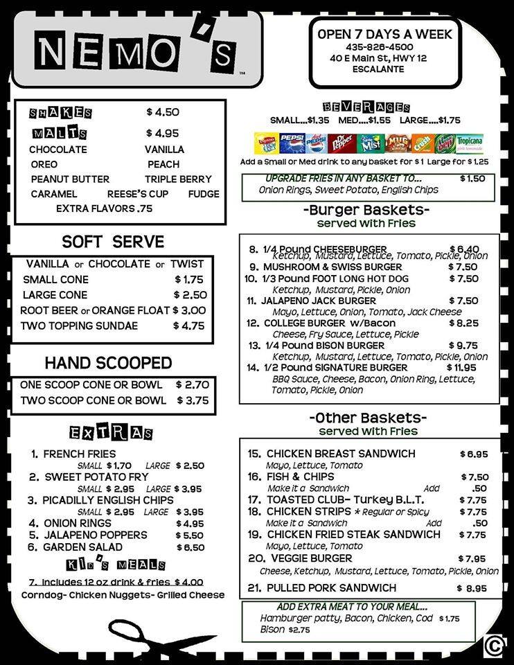 Menu at Nemo's Drive Thru fast food, Escalante