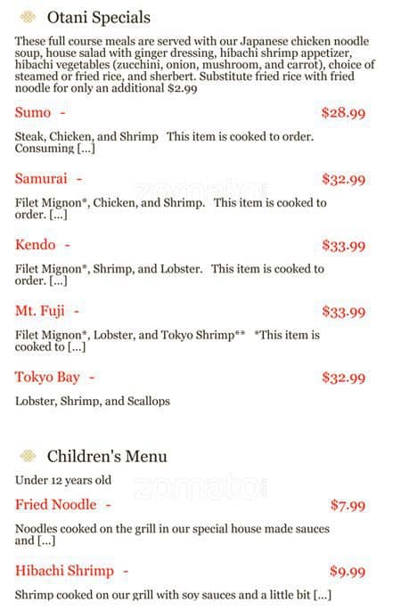 Menu at Otani Japanese Steak and Seafood House restaurant, Fredericksburg