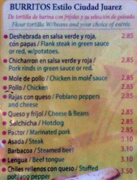 Menu at Burritos Juarez restaurant, Chicago