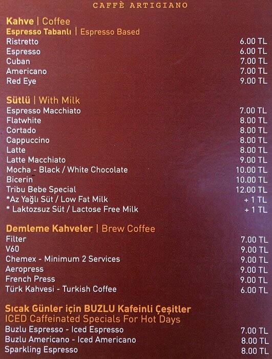 Menu at Tribu restaurant, Istanbul