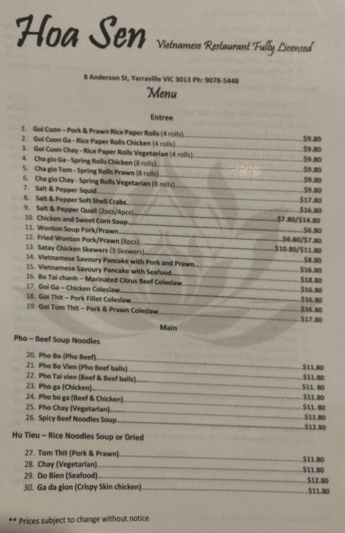 Hoa Sen Menu, Menu for Hoa Sen, Yarraville, Melbourne - Urbanspoon/Zomato