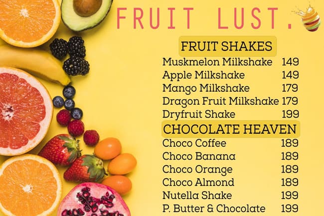 Menu at Fruit Lust, Hyderabad, 7-1-212/A