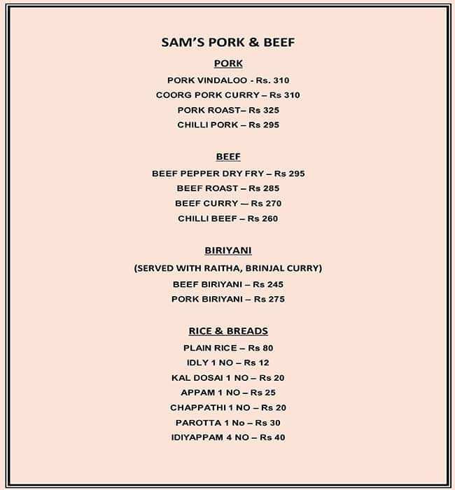 Menu at Sam's Pork and Beef, Chennai