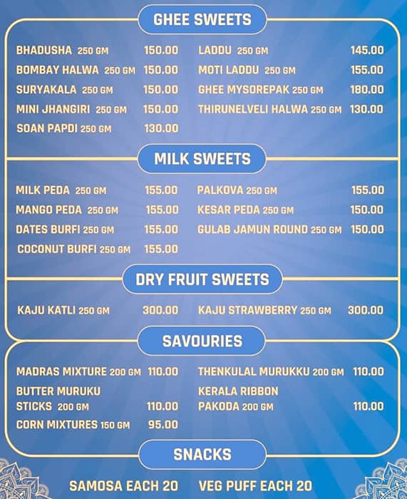 Menu of Aarambam Sweet House, Thiruvanmiyur, Chennai